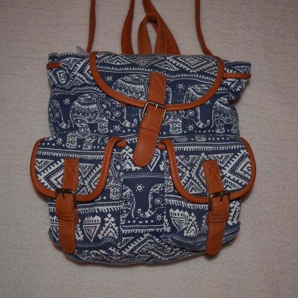 Bags | Blue And White Printed Backpack | Poshmark